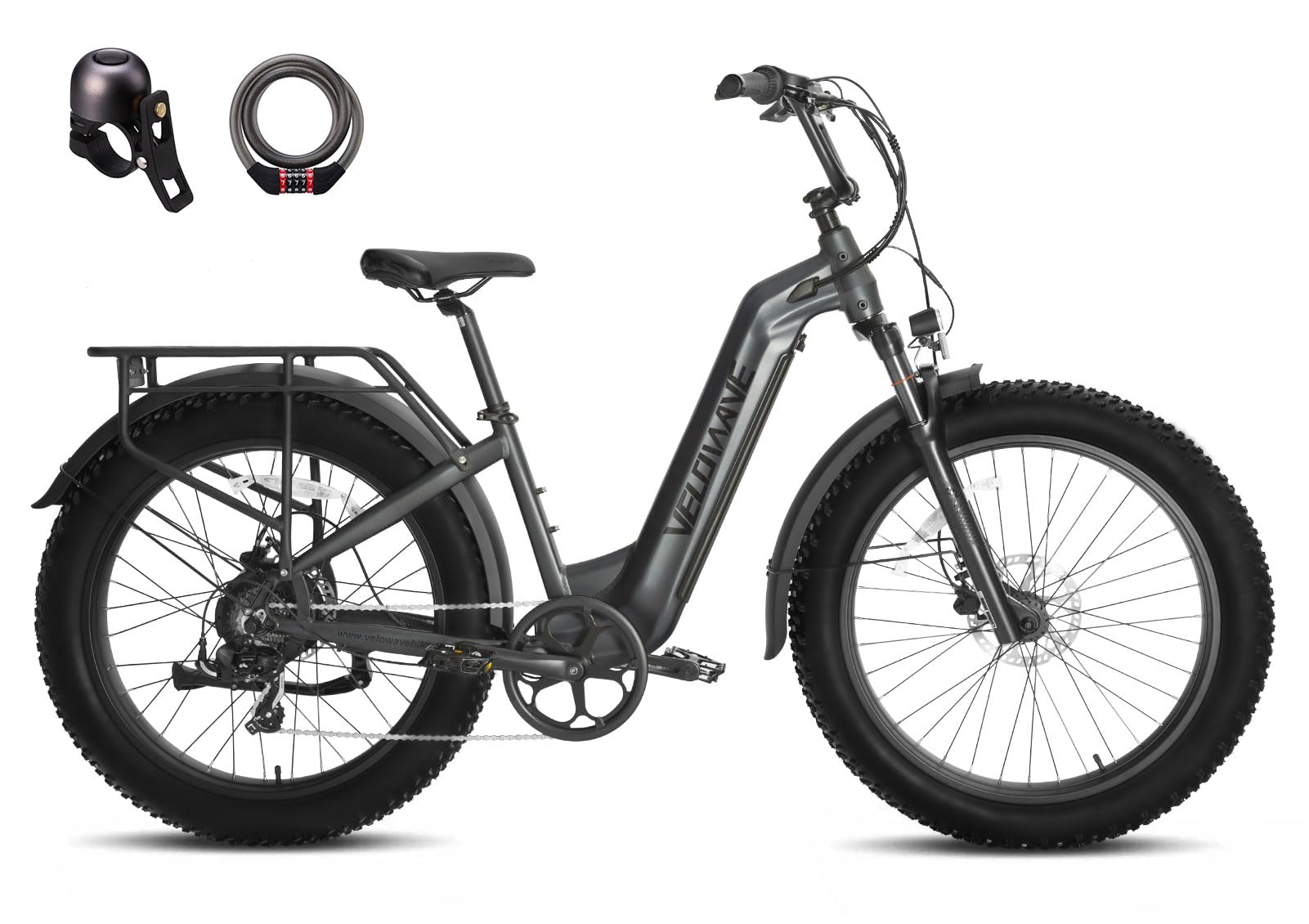 VELOWAVE Electric Bike 26" Fat Tire Ebike Electric Bike for Adults with 750W(Peak 1000W) Brushless Motor 48V 15AH Removable LG Cell Battery Step-Thru E Bike Shimano 7-Speed with Lock& Bell