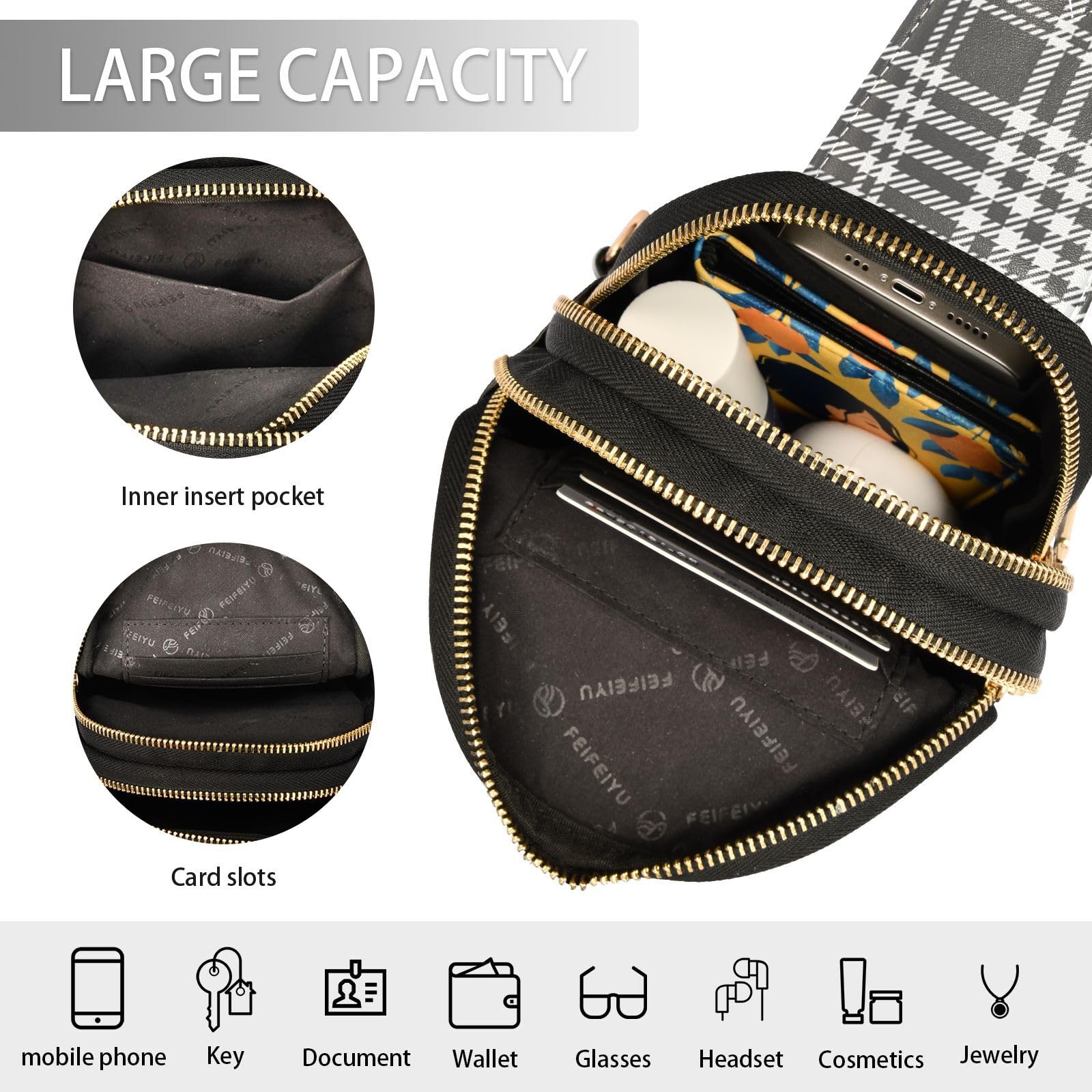 Augenstern Women Crossbody Sling Backpack Plaid-black-white-color Girl Chest Bag Daypack for Hiking Traveling