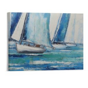 algasan blue abstract wall art canvas teal ocean sailboat picture modern turquoise coastal nautical painting,20"x16"in framed textured artwork for living room bedroom home office wall decor