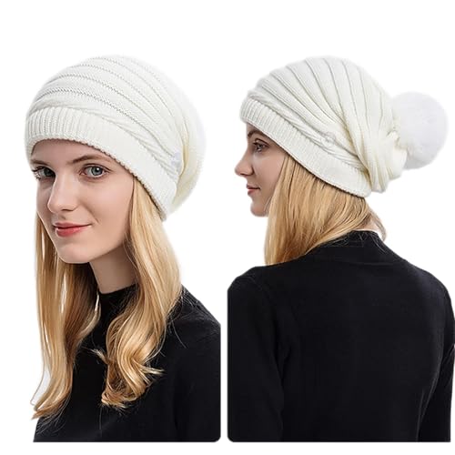 White Womens Winter Knitted Beanie Hat with Plush Ball Warm Knit Cap Beanie for Women Fedora Hat Beanies Y2k Balaclava Women Fall Winter Cap for Men