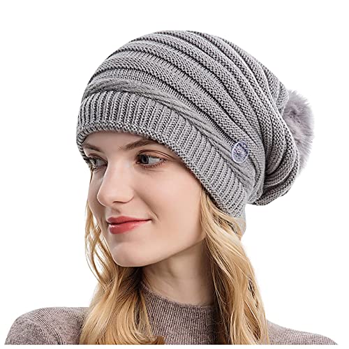 White Womens Winter Knitted Beanie Hat with Plush Ball Warm Knit Cap Beanie for Women Fedora Hat Beanies Y2k Balaclava Women Fall Winter Cap for Men