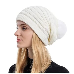 White Womens Winter Knitted Beanie Hat with Plush Ball Warm Knit Cap Beanie for Women Fedora Hat Beanies Y2k Balaclava Women Fall Winter Cap for Men