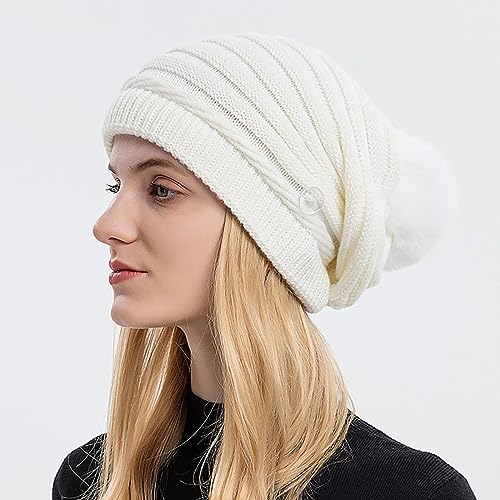 White Womens Winter Knitted Beanie Hat with Plush Ball Warm Knit Cap Beanie for Women Fedora Hat Beanies Y2k Balaclava Women Fall Winter Cap for Men