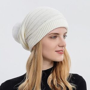 White Womens Winter Knitted Beanie Hat with Plush Ball Warm Knit Cap Beanie for Women Fedora Hat Beanies Y2k Balaclava Women Fall Winter Cap for Men