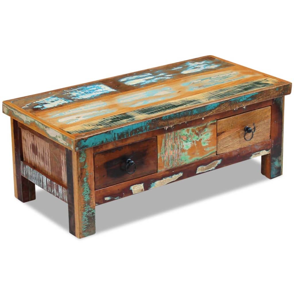 QJBSAVVA Coffee Table Drawers Solid Reclaimed Wood 35.4"x17.7"x13.8",Industrial Tables Floor Standing Table Cocktail Table Suitable for Meeting Rooms, Reception Rooms, Offices