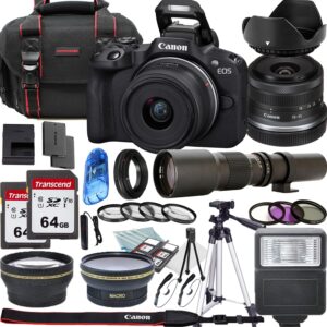 canon eos r50 mirrorless camera with 18-45mm and 500mm preset lenses + lens filters + case + accessory bundle (renewed)