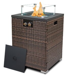 senjoys 22in outdoor propane gas fire pit table, 40,000 btu auto-ignition gas firepit with glass wind guard, painted steel tabletop, mixed color glass rocks, brown pe rattan