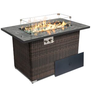 senjoys 44in outdoor propane gas fire pit table, 50,000 btu auto-ignition gas firepit with glass wind guard, marble tile tabletop, mixed color glass rocks, brown pe rattan