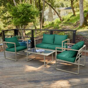 east oak patio furniture set, 4-piece outdoor patio set with sofa, removable & washable seating cushion, tempered glass table, outside patio conversation sets, champagne gold & green