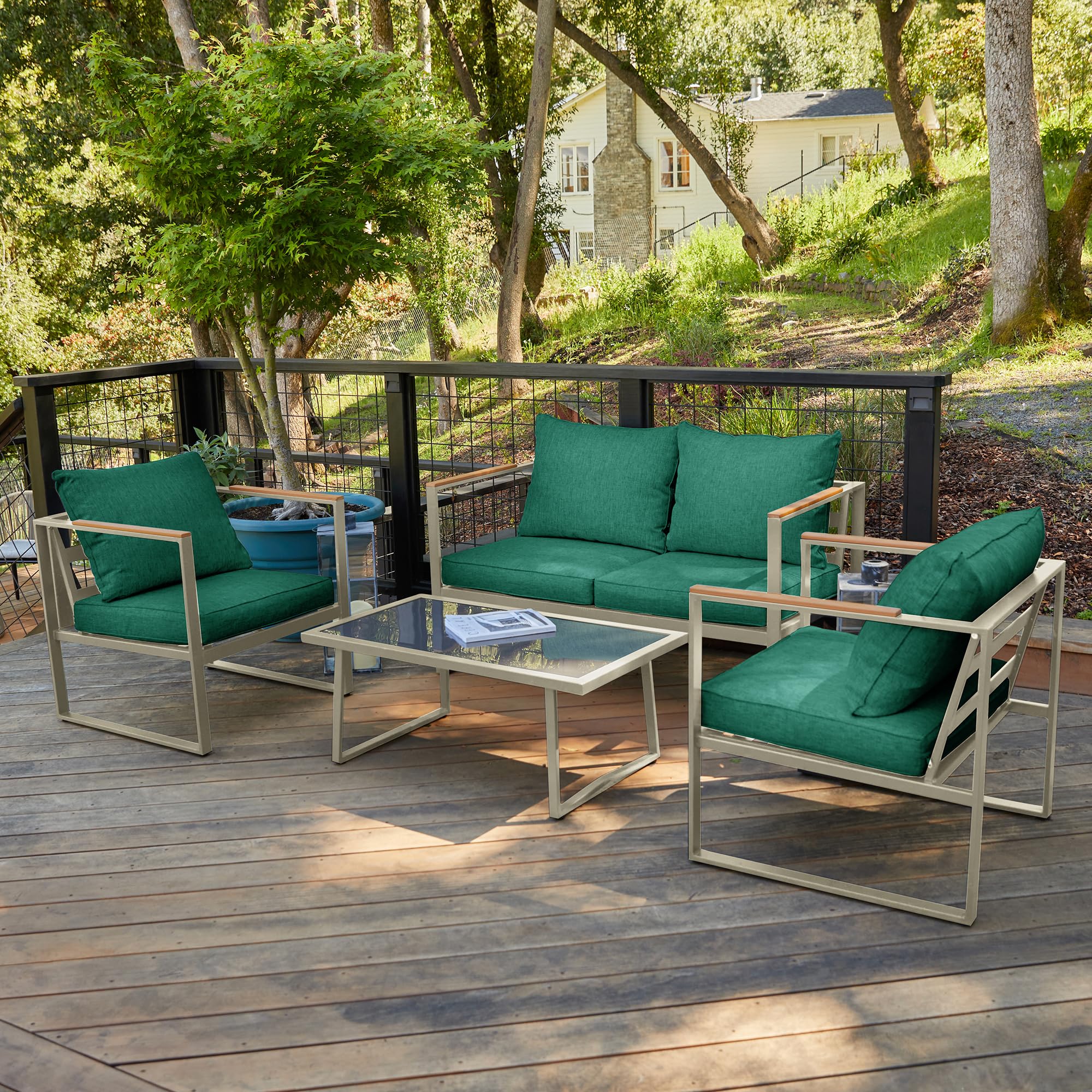 EAST OAK Patio Furniture Set, 4-Piece Outdoor Patio Set with Sofa, Removable & Washable Seating Cushion, Tempered Glass Table, Outside Patio Conversation Sets, Champagne Gold & Green