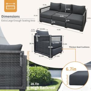 NICESOUL® 4-Person Patio Loveseat Modular Wicker Sofa Furniture Conversation Set Large Size Outdoor Rattan Seating Sofa 550lb Weight Capacity for Balcony, Deck, Garden and Poolside Gray(1+3)