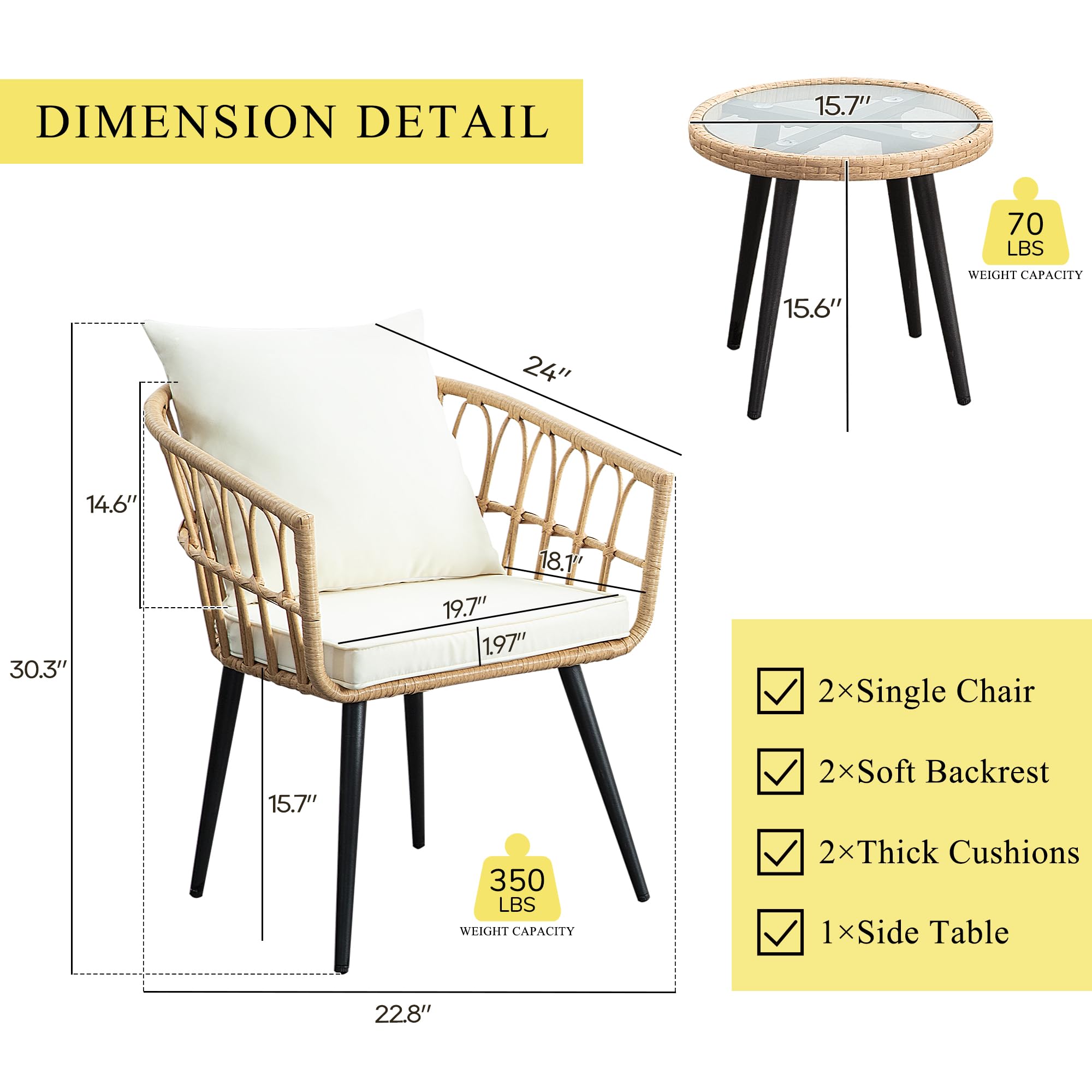 HYDRAGARDEN 3 Piece Patio Bistro Set, Outdoor Wicker Conversation Chair Sets Balcony Furniture with Coffee Table & Cushions, All-Weather Rattan Table and Chairs Set for Porch Backyard Deck Poolside