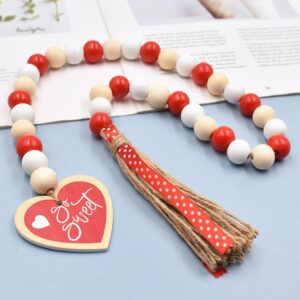 ABOOFAN Valentines Day Wood Beads Garland Tassel Heart Tassel Garland Farmhouse Rustic Beads with Jute Rope for Valentines Day Wall Hanging Decor