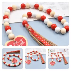 ABOOFAN Valentines Day Wood Beads Garland Tassel Heart Tassel Garland Farmhouse Rustic Beads with Jute Rope for Valentines Day Wall Hanging Decor