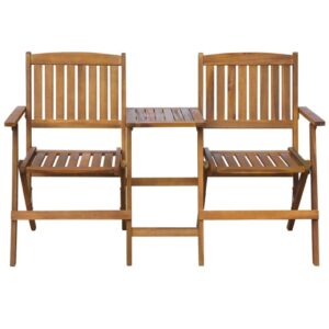 Outdoor 2-Person Folding Wooden Loveseat | Foldable Patio Conversation Set with Tea Table | Patio Furniture Set with Built-in Coffee Table for Backyard Pool Yard | Brown Solid Acacia Wood