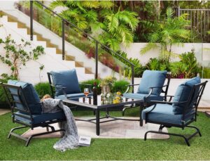 grand patio 5pcs conversation sets outdoor dining set 4 rocking motion patio chairs with gray water-resistant olefin cushions & 1 tempered glass table for garden lawn & poolside (peacock blue)