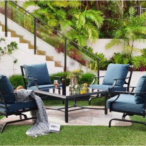 Grand patio 5PCS Conversation Sets Outdoor Dining Set 4 Rocking Motion Patio Chairs with Gray Water-Resistant Olefin Cushions & 1 Tempered Glass Table for Garden Lawn & Poolside (Peacock Blue)