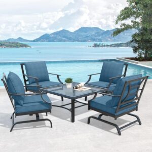 Grand patio 5PCS Conversation Sets Outdoor Dining Set 4 Rocking Motion Patio Chairs with Gray Water-Resistant Olefin Cushions & 1 Tempered Glass Table for Garden Lawn & Poolside (Peacock Blue)