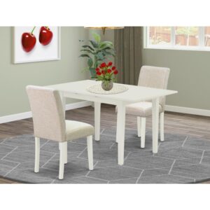 homestock eclectic escape 3-piece dining room set - 2 kitchen chairs with high back and upholstered seat and butterfly leaf rectangular modern rectangle dining table and 4 legs - linen white finish