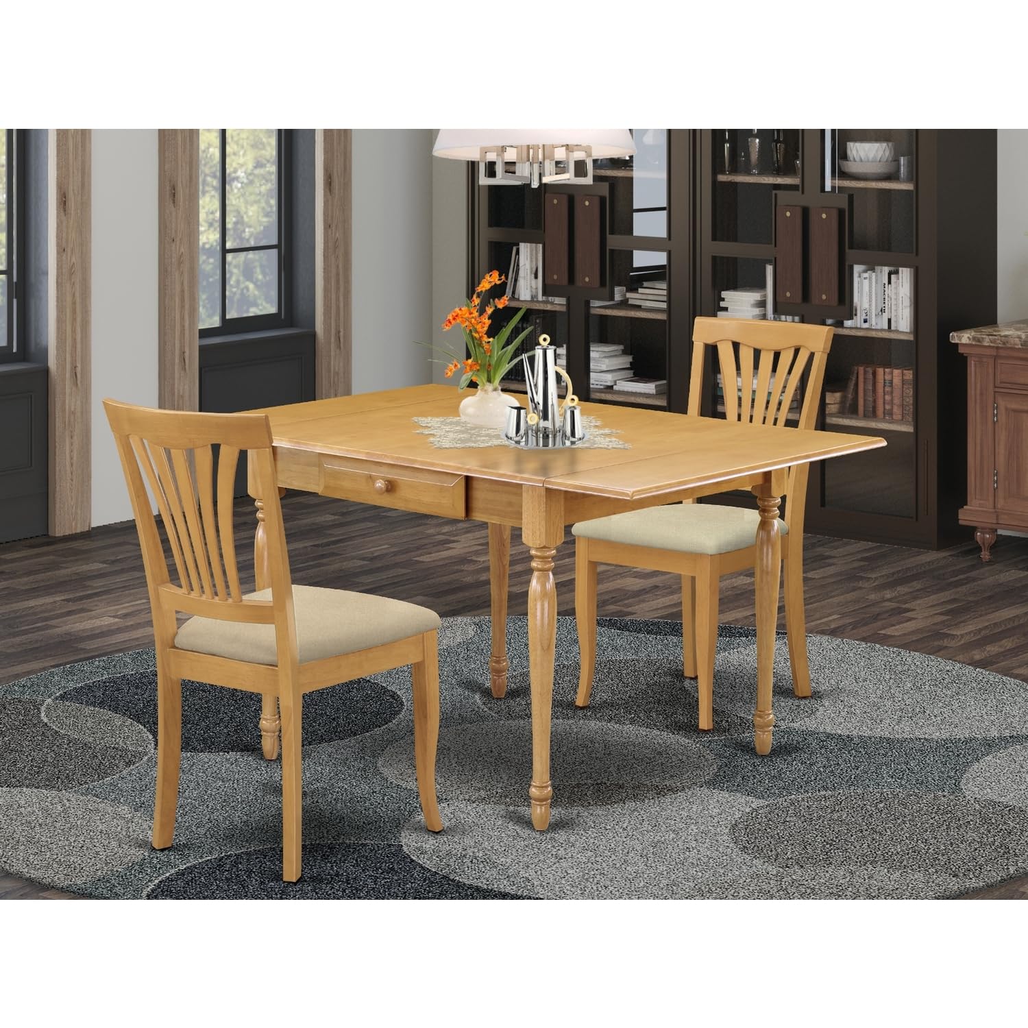 HomeStock Baroque Bonanza 3Pc Dining Table Set for 2 Offers A Dinette Table and 2 Kitchen Chairs with Linen Fabic Seat, Drop Leaf Table with Slat Back Chairs, Oak Finish