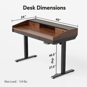 FEZIBO 48" Whole-Piece Standing Desk Adjustable Height with drawers, 48 x 24 inches Electric Stand Up Desk with Monitor Shelf, Sit Stand Rising Desk with baffle, Black Walnut