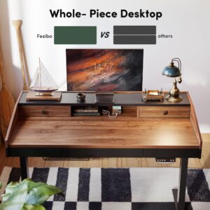 FEZIBO 48" Whole-Piece Standing Desk Adjustable Height with drawers, 48 x 24 inches Electric Stand Up Desk with Monitor Shelf, Sit Stand Rising Desk with baffle, Black Walnut