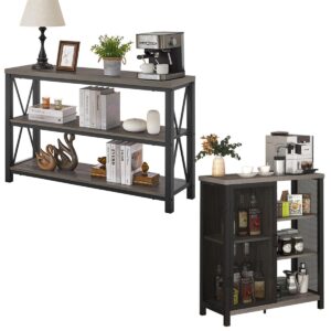 bon augure industrial coffee bar cabinet for home, rustic console table behind couch, wood and metal furniture set for living room(gray oak)