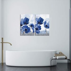 HJY Art 2 Piece Abstract Flower Wall Art for Bathroom Canvas Floral Wall Decor White and Blue Modern Home Living Room Dining Room Bedroom Office Painting Poster Framed Artwork (24''W x 32''H x2)