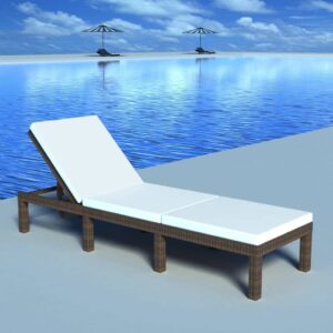 cuson sun lounger with cushion | adjustable chaise lounge | outdoor patio sunlounger | garden lounge chair for poolside, beach | brown poly rattan with steel frame 76.8" x 23.6" x 8.7"