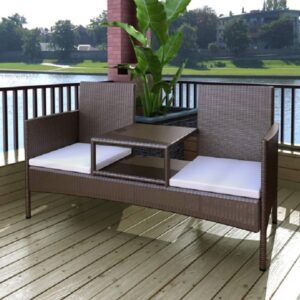 outdoor 2-person rattan loveseat | 2-seater garden sofa with tea table | wicker patio conversation set with built-in coffee table for backyard pool yard | brown poly rattan 59.8" x 24.4" x 33.4"