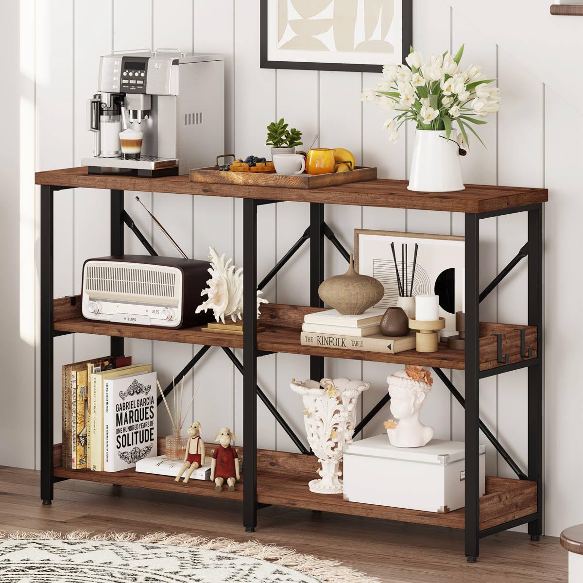 BON AUGURE Rustic Console Table with Shelves and Industrial Bookshelf Etagere, Wood and Metal Furniture Set for Living Room, Bedroom, Kitchen, Home Office (Rustic Oak)