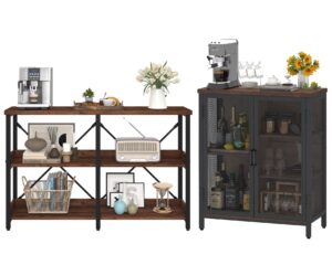 bon augure 3 tier rustic console table with shelves and farmhouse coffee bar cabinet, wood and metal furniture set for living room, kitchen, dining room (rustic oak)