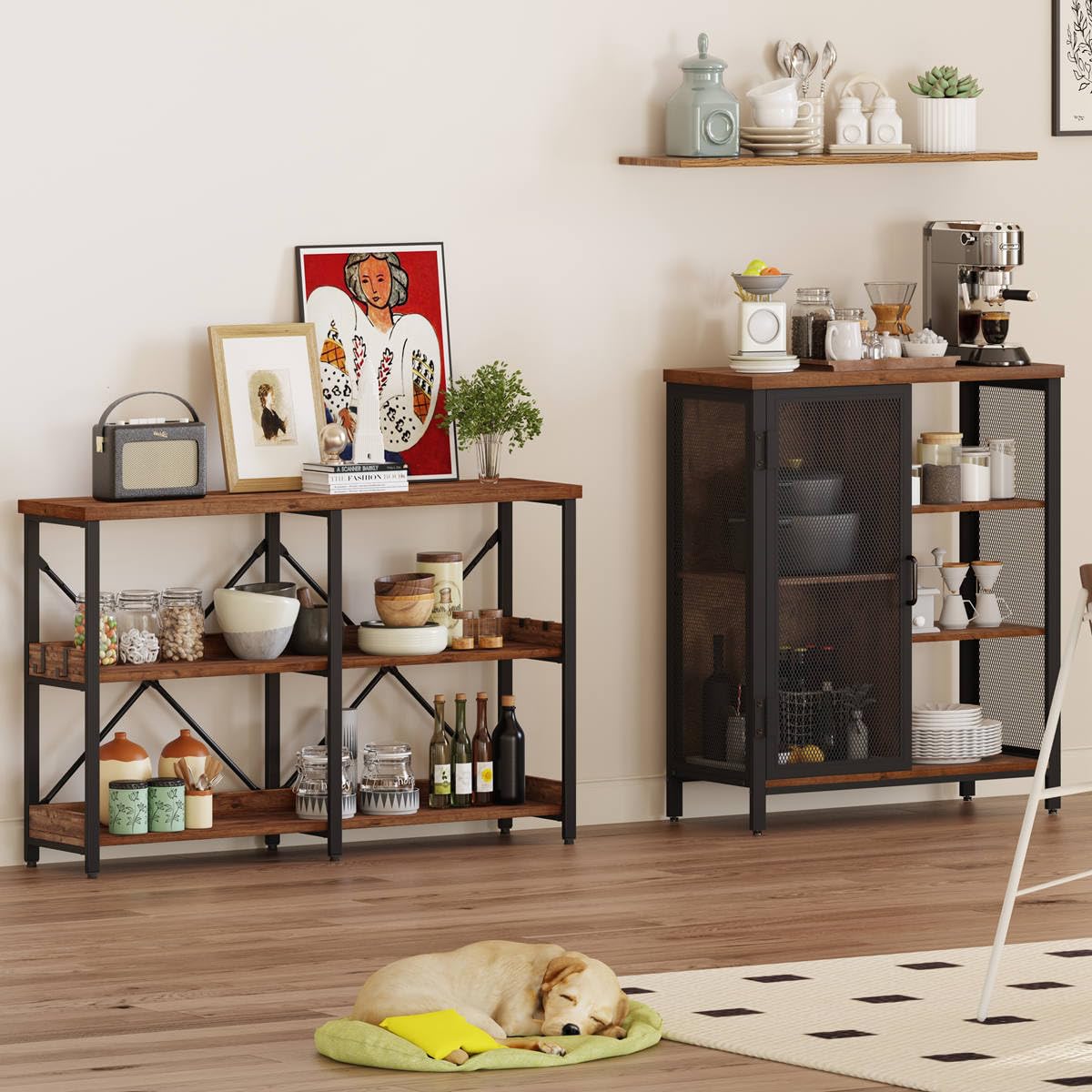 BON AUGURE 3 Tier Rustic Console Table with Shelves and Farmhouse Coffee Bar Cabinet, Wood and Metal Furniture Set for Living Room, Kitchen, Dining Room (Rustic Oak)