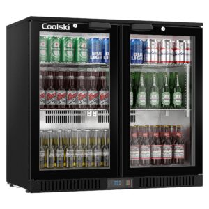 coolski back bar cooler commercial undercounter refrigerator with 2 glass door, bar beverage refrigerator for beer soda wine 7.0 cu.ft. capacity led lighting etl nsf approved, black