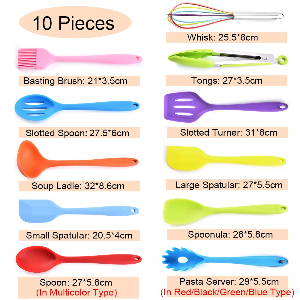 ADBEN Silicone Kitchen Utensil Set 10 Pcs Heat Resistant Non-Stick Spoon Spatula Ladle Cooking Tools Dinnerware