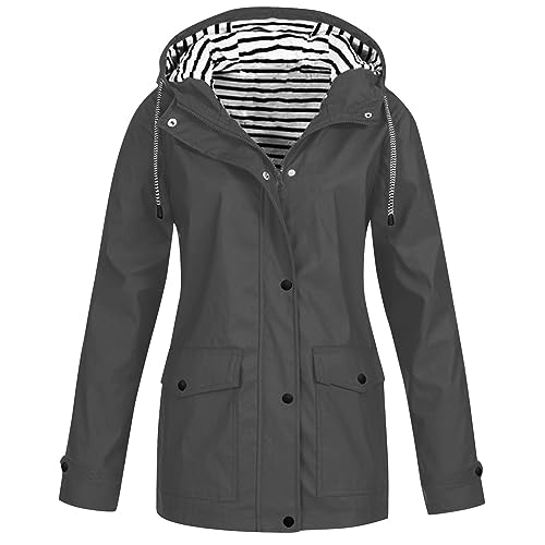 Rain Jacket Womens Waterproof With Hood,2023 Fall Winter Clothes Trendy Striped Lined Zip Up Button Windbreaker,Casual Long Sleeve Lightweight Raincoat Climbing Outdoor(A-Gray,L)