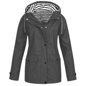 Rain Jacket Womens Waterproof With Hood,2023 Fall Winter Clothes Trendy Striped Lined Zip Up Button Windbreaker,Casual Long Sleeve Lightweight Raincoat Climbing Outdoor(A-Gray,L)