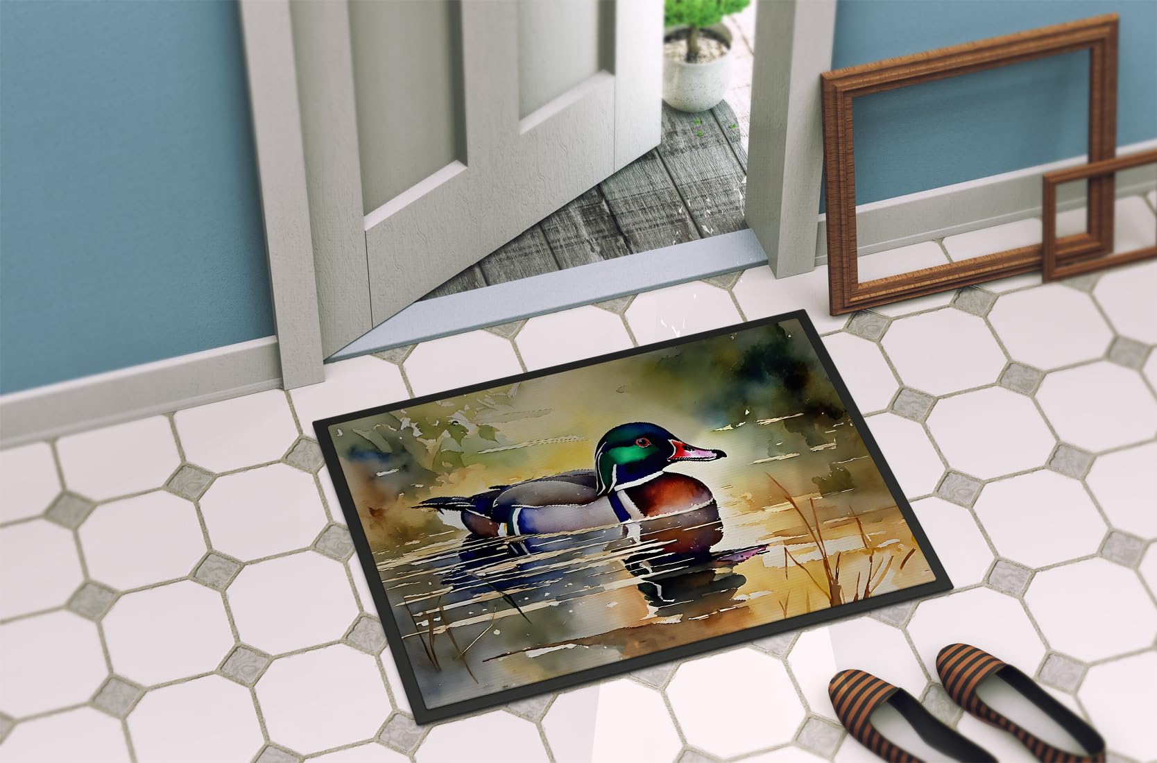 Caroline's Treasures DAC3281MAT Wood Duck Doormat Front Door Mat Indoor Outdoor Rugs for Entryway, Non Slip Washable Low Pile, 18H X 27W