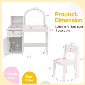 Costzon Kids Vanity with Lights, 2 in 1 Princess Makeup Desk & Chair Set with Lighted Mirror, Drawer, Storage Shelves & Cabinet, Toddler Dressing Table, Pretend Play Vanity Set for Little Girls, White