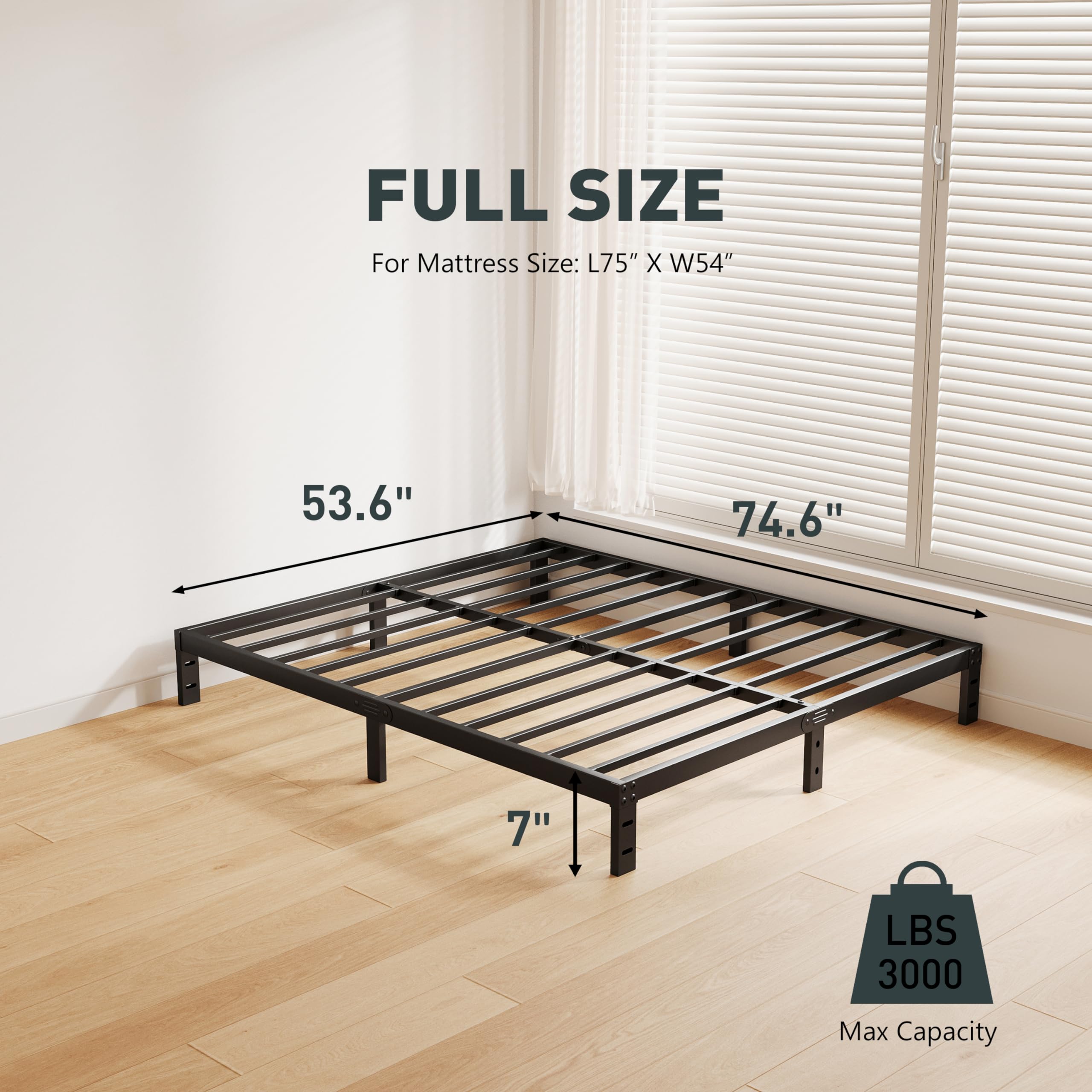 AMOBRO Low Profile Bed Frame - Heavy Duty Metal Full Bed Frame in Matte Black, 7-Inch Heavy Duty Platform with Steel Slats, Easy Assembly, Noise-Free, Non-Slip, No Box Spring Needed