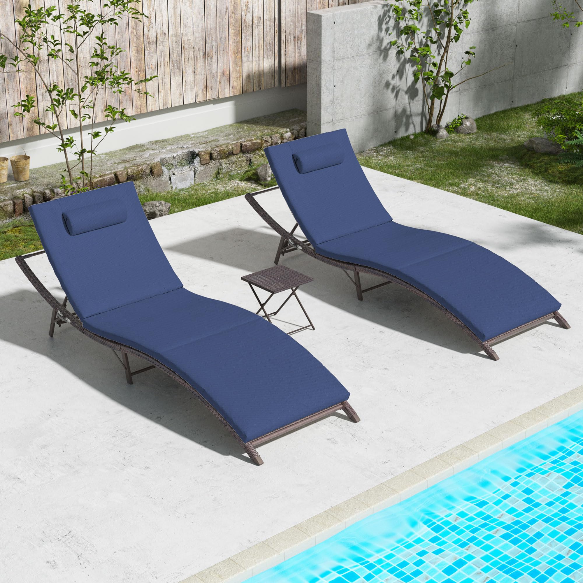 Kullavik Lounge Chair for Outside,3 Pieces Chaise Lounge Outdoor Folding Pool Lounge Chairs including Table Rattan Patio Furniture Set,Dark Blue