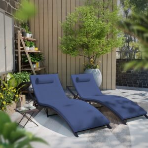 Kullavik Lounge Chair for Outside,3 Pieces Chaise Lounge Outdoor Folding Pool Lounge Chairs including Table Rattan Patio Furniture Set,Dark Blue