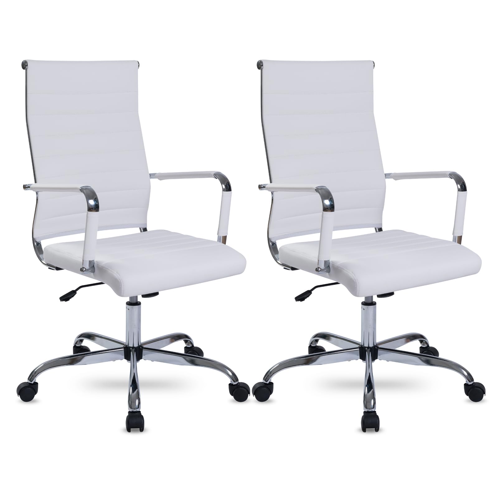 Walmokid Office Task Chair Set of 2, Ergonomic Desk Chair Leather Conference Room Chairs Height Adustable | Ribbed High Back | Swivel Rolling Executive Chair White