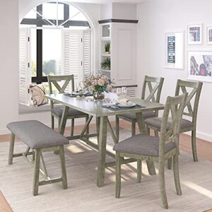 woznla wood 6, rustic style kitchen dining room set with 1 table, 1 bench & 4 padded chairs, gray, 60" x 35", grey