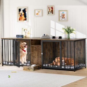 YITAHOME Double Dog Crate Furniture 94.5 inch with Feeder Bowls, Large Breed Dog Kennel with Divider and Storage Drawer, Heavy Duty Dog House TV Stand Indoor for 2 Large/Medium Dogs, Brown