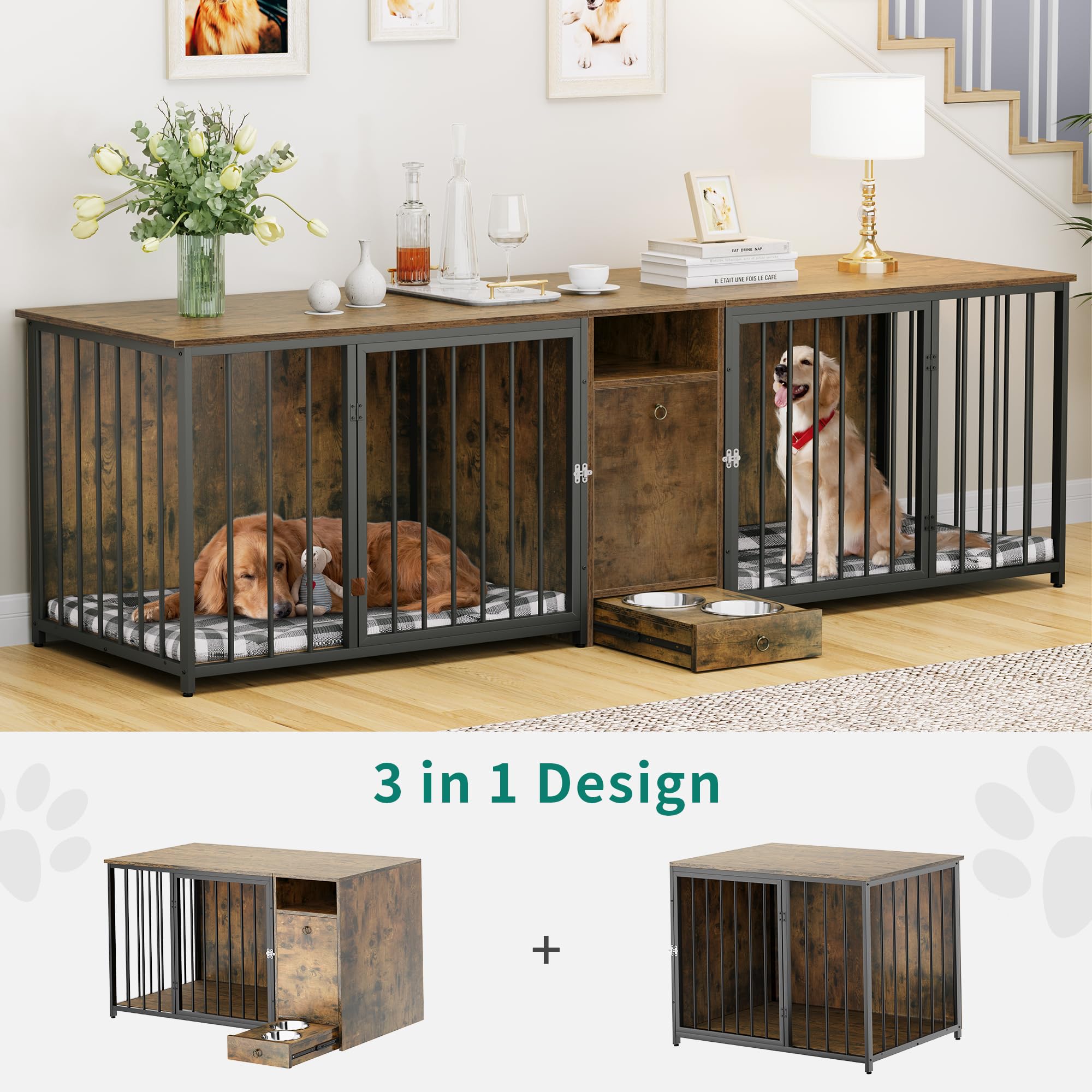 YITAHOME Double Dog Crate Furniture 94.5 inch with Feeder Bowls, Large Breed Dog Kennel with Divider and Storage Drawer, Heavy Duty Dog House TV Stand Indoor for 2 Large/Medium Dogs, Brown