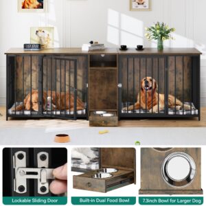 YITAHOME Double Dog Crate Furniture 94.5 inch with Feeder Bowls, Large Breed Dog Kennel with Divider and Storage Drawer, Heavy Duty Dog House TV Stand Indoor for 2 Large/Medium Dogs, Brown