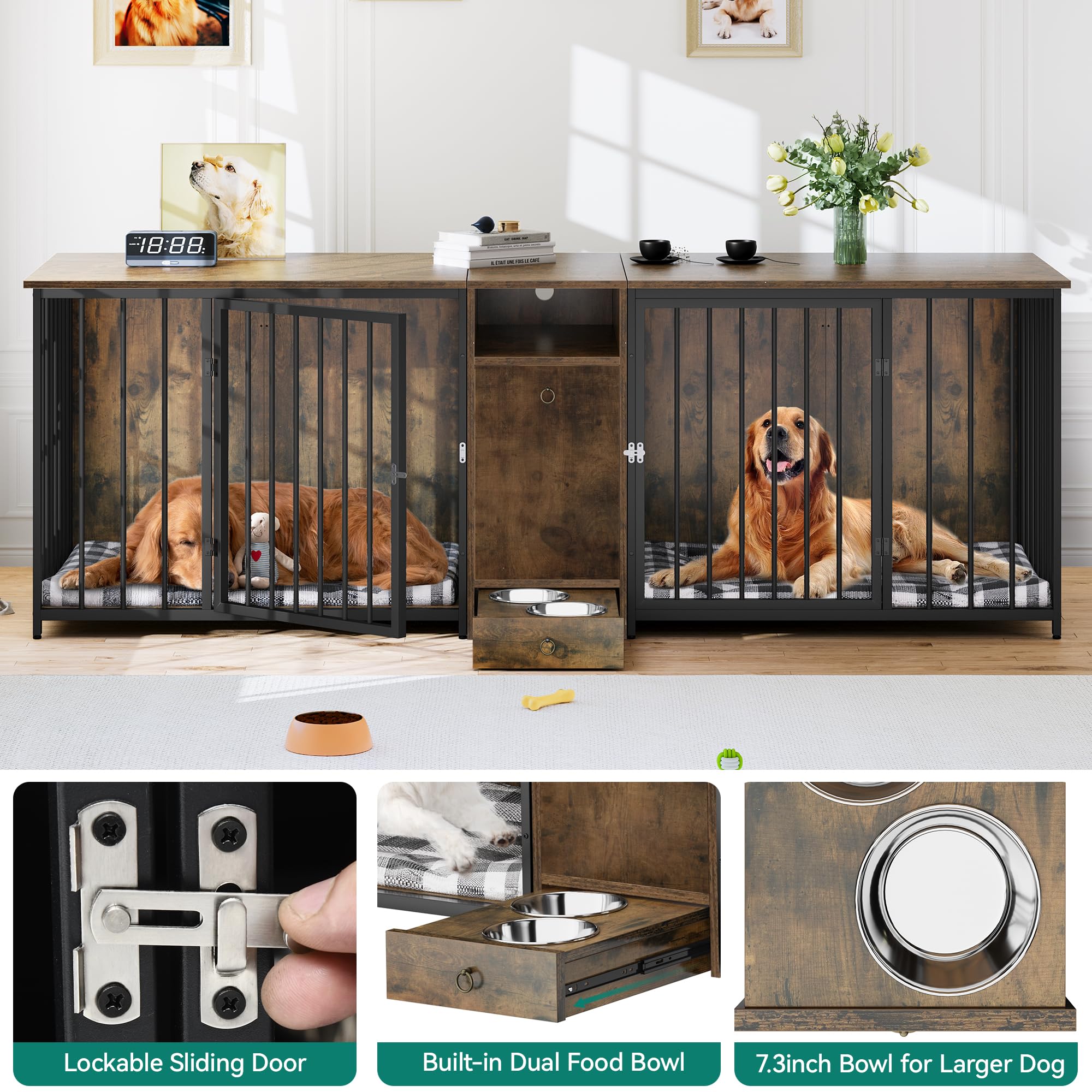 YITAHOME Double Dog Crate Furniture 94.5 inch with Feeder Bowls, Large Breed Dog Kennel with Divider and Storage Drawer, Heavy Duty Dog House TV Stand Indoor for 2 Large/Medium Dogs, Brown