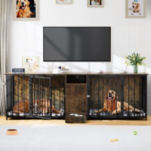 YITAHOME Double Dog Crate Furniture 94.5 inch with Feeder Bowls, Large Breed Dog Kennel with Divider and Storage Drawer, Heavy Duty Dog House TV Stand Indoor for 2 Large/Medium Dogs, Brown