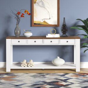 lecafur hl 64" entryway console table with 4 drawers and bottom shelf rustic farmhouse solid wood entryway table extra long sofa table for living room hallway bedroom foyer(antique white+ brown top)